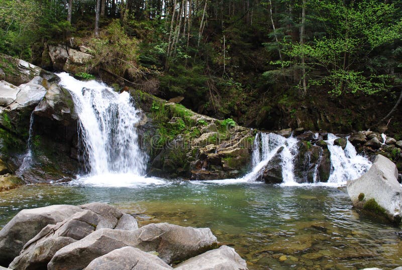 Small Waterfall of a Mountain River in a Spring Forest Stock Image ...