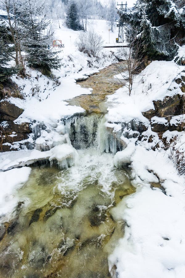 Small Waterfall on Mountain River at Winter Stock Image - Image of ...
