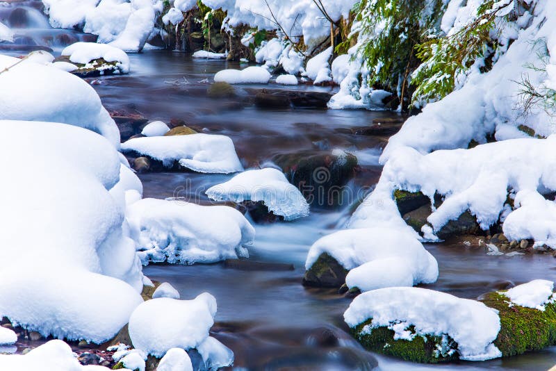 Small Waterfall in Mountains. Water Cascades in Cold Weather Stock ...
