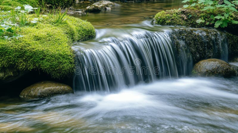 Small Waterfall Over Mossy Rocks in a Forest Stream Stock Illustration ...