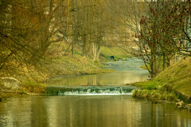 Small Waterfall on River Dam in Public Park Stock Photo - Image of ...
