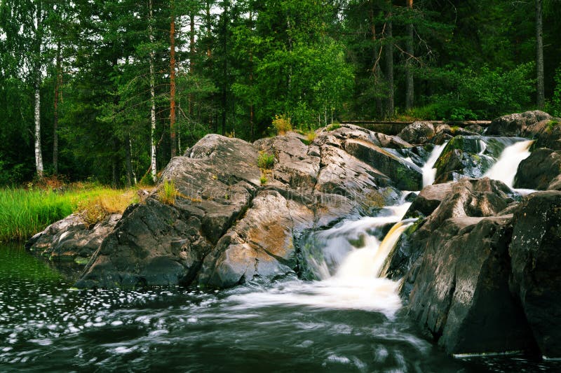 Small Waterfall and Rock in Forest in Karelia Stock Photo - Image of ...