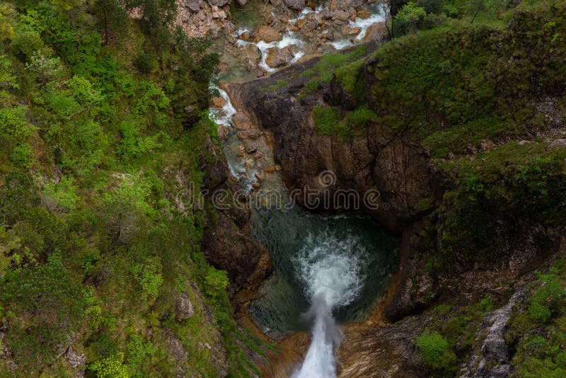 Small Waterfall View from Top To Down in Forest. Spring Summer Time ...