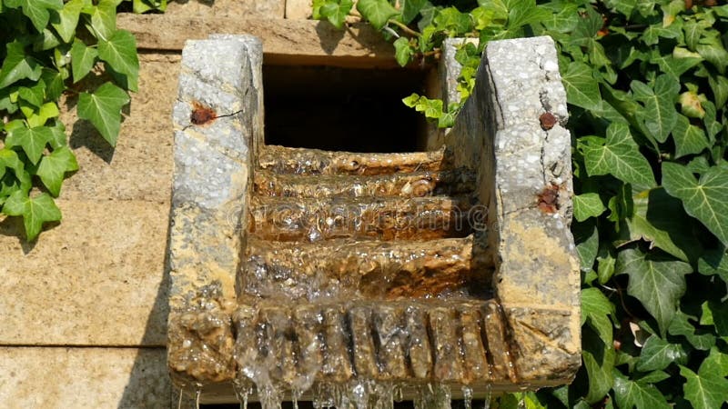 Small Waterfall of Water on Artificial Stones in the Park, Constant ...