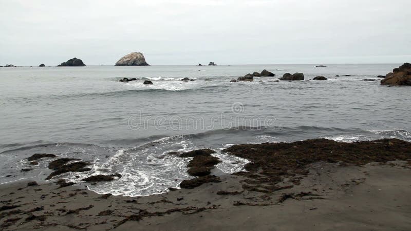 Small Waves on Rock and Sand Beach with Overcast Sky Stock Footage ...