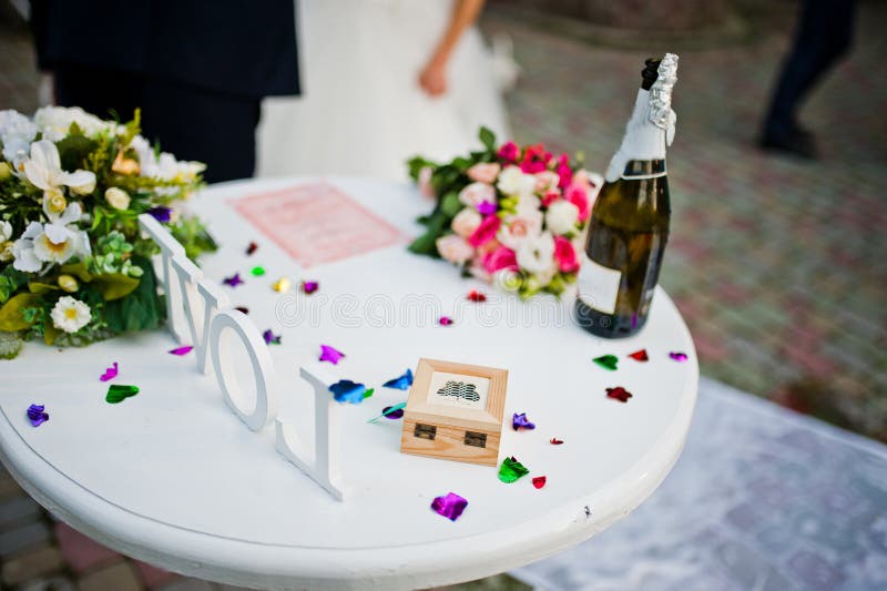 Small Wedding Table with Decor and Rings Stock Photo - Image of bouquet ...