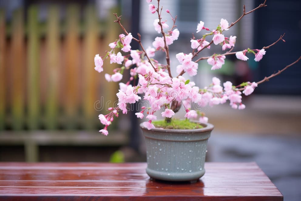Small Weeping Cherry Tree in a Planter Showing Pink Blossoms Stock ...