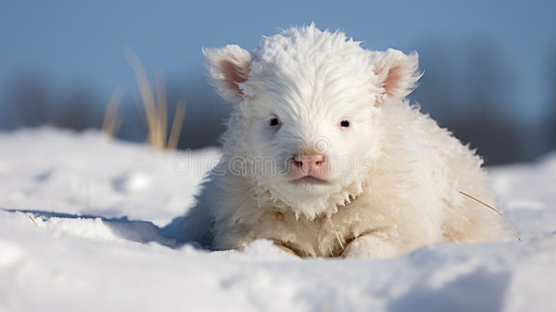 A Small White Animal Sitting in the Snow with Its Eyes Closed, AI Stock ...