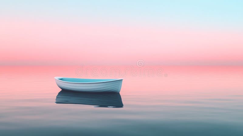 Small White Boat on Calm Pink Ocean at Sunset Stock Illustration ...