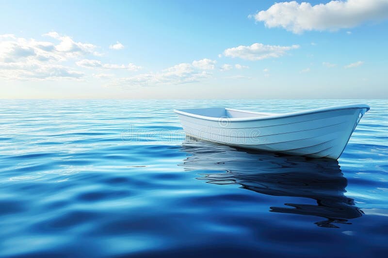 A Small White Boat Floats Peacefully on the Surface of the Water ...