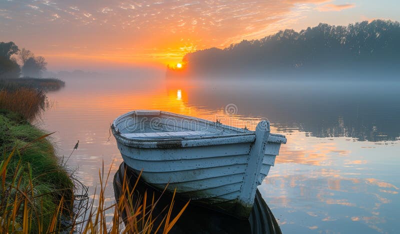 A Small White Boat Sits in the Water, with the Sun Setting in the ...