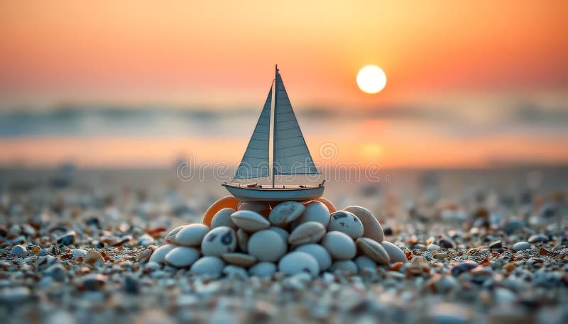 Small White Boat is Sitting on a Pile of Rocks on the Beach Stock Photo ...