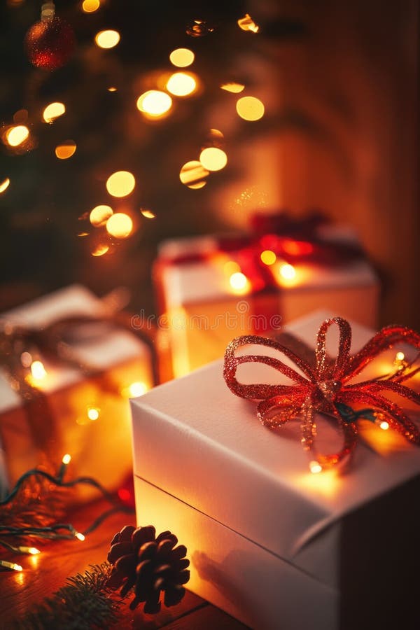 A Small White Box with a Red Bow Wrapped Around it, Placed on a Table ...