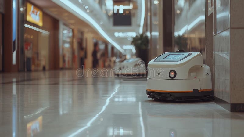 Small White Cleaning Robot in Modern Shopping Mall Stock Illustration ...