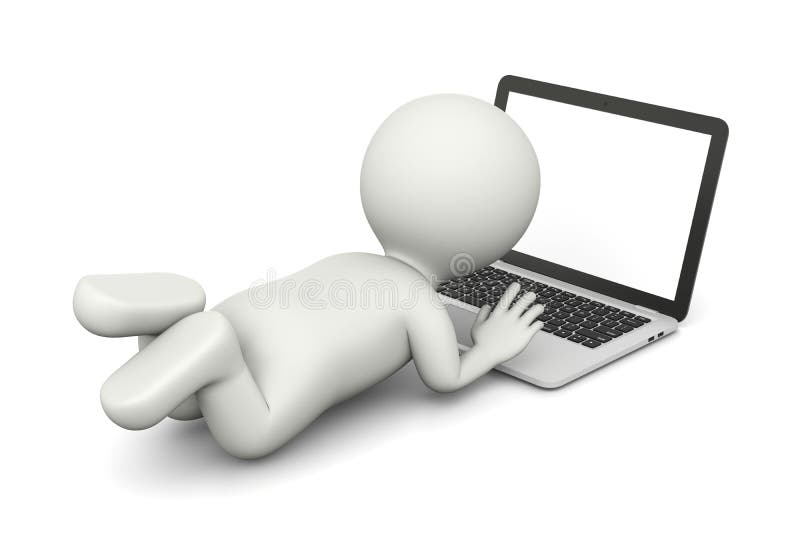 Small White 3D Character Using a Laptop Computer Stock Illustration ...