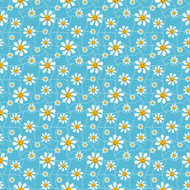 Small White Daisies and Smiley on a Blue Abstract Background. Vector ...