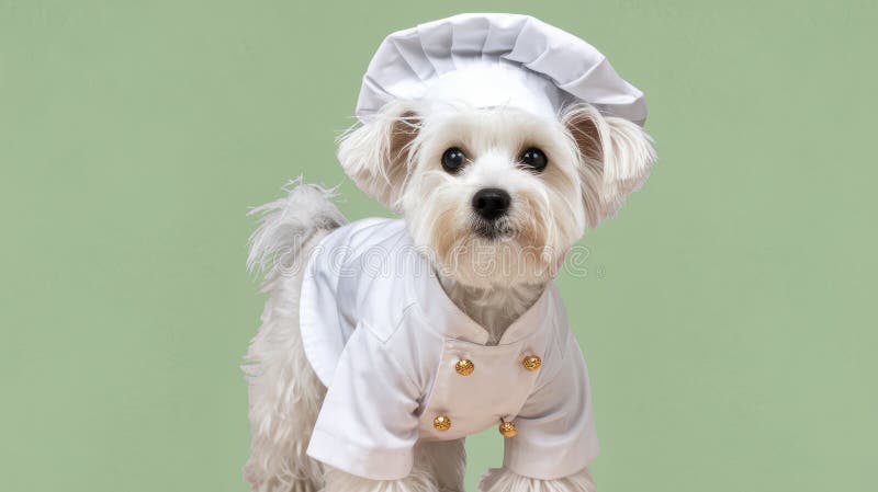 Small White Dog in Chef?s Uniform with Red Collar, Mint Green ...