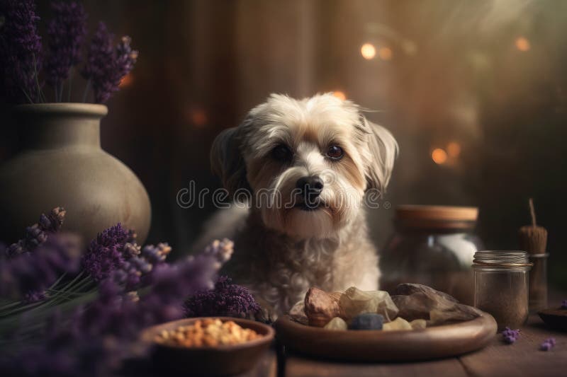 A Small White Dog Sitting on a Table Next To a Plate of Food Stock ...