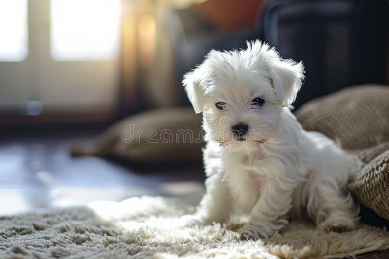 Small White Dog Sitting on Top of a Rug Stock Photo - Image of domestic ...