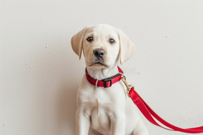 Small White Dog Wearing Red Collar Sitting Wall Looking Camera Stock ...