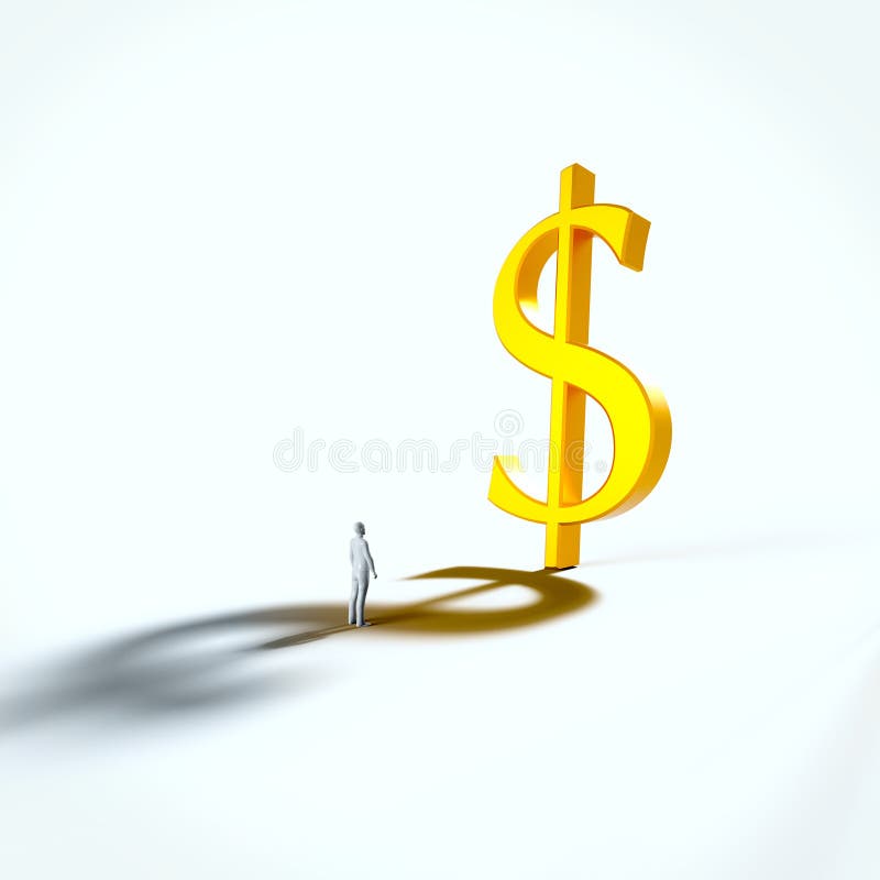 Small White Figure in the Shadow of Huge Perfect Gold Dollar on White ...