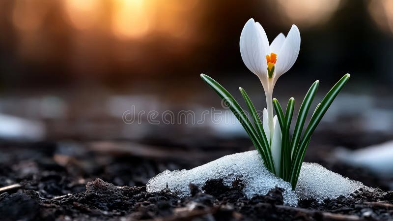 A Small White Flower Growing Out of the Ground Covered in Snow Stock ...