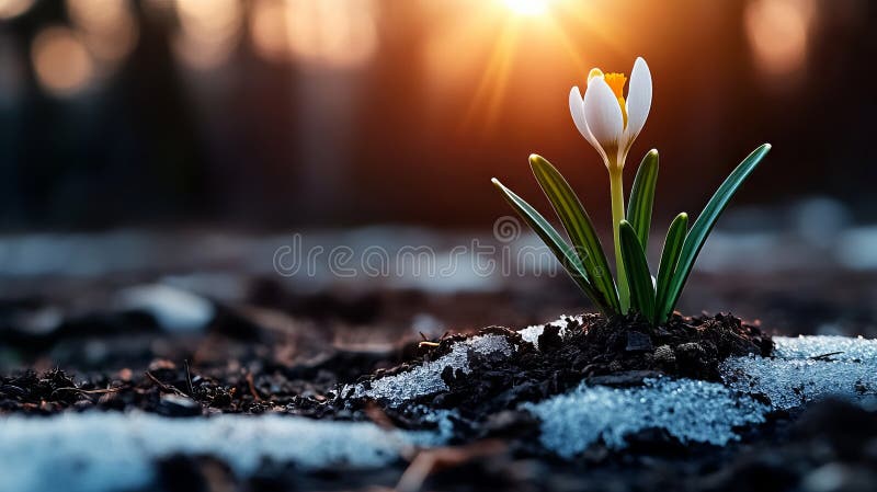 A Small White Flower Growing Out of the Ground in the Snow Stock Photo ...