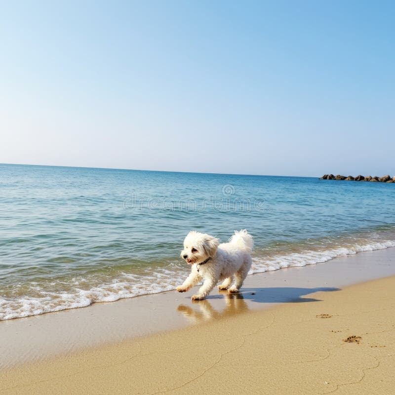 Small White Fluffy Dog Playing on Sandy Beach Stock Illustration ...