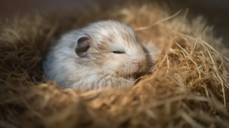 A Small White Hamster Curled Up in a Pile of Hay Stock Illustration ...