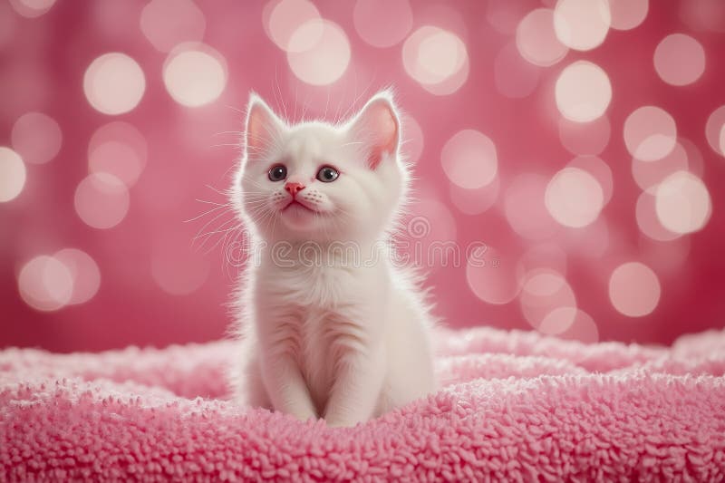 A Small White Kitten Sitting on a Pink Blanket Stock Image - Image of ...