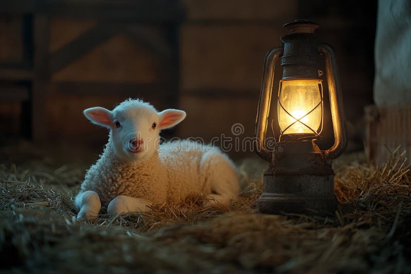 The Lamb Lies on the Straw by the Light of a Lamp. Stock Illustration ...