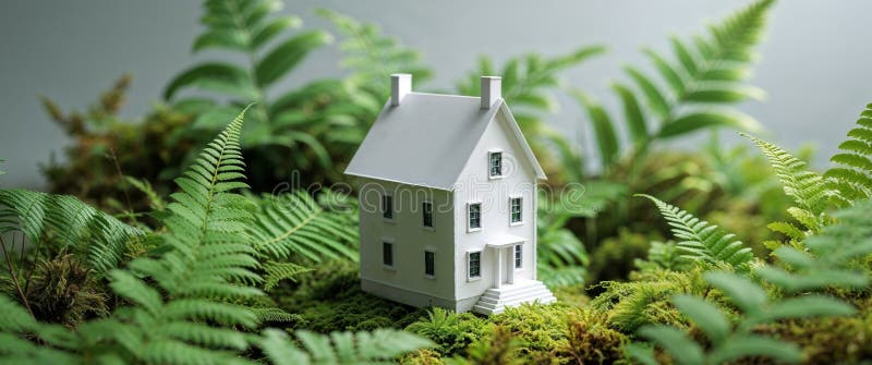 A Small White Model House in Green Ferns and Moss. Stock Image - Image ...