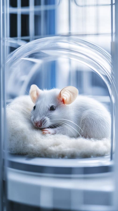 White Mouse Resting Comfortably in a Cozy Enclosure at a Lab Setting ...