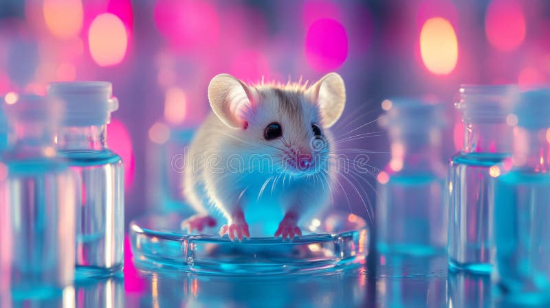Small White Mouse in a Laboratory Setting with Pink and Blue Lights ...