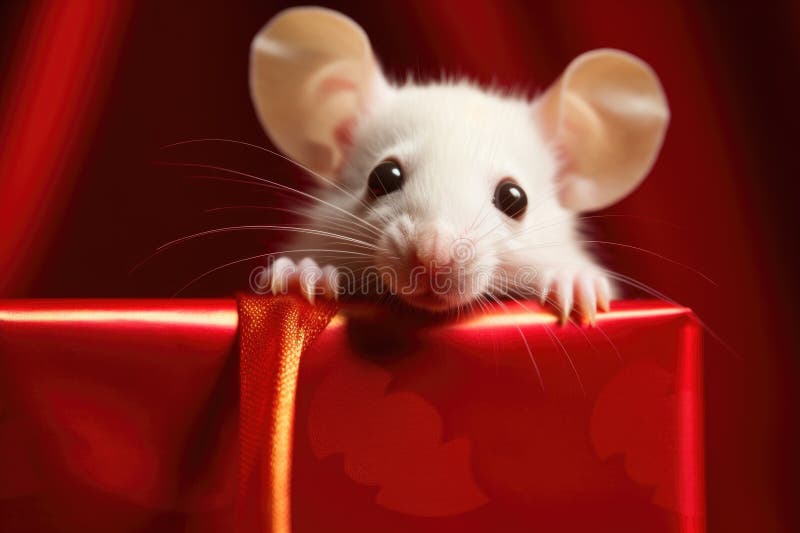 A Small White Mouse Peeping Out of a Bright Red Gift Box Stock Photo ...