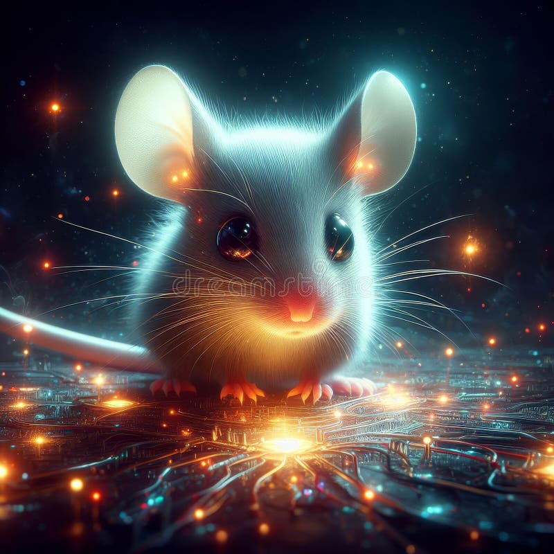 Small White Mouse is Sitting on a Black Surface with a Glowing Light ...