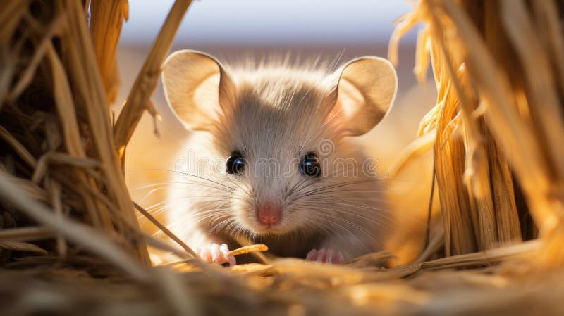 A Small White Mouse Sitting Inside of a Pile of Hay, Rodent Pest ...