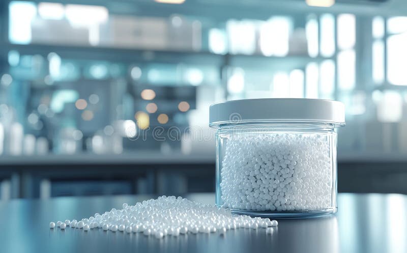 Small White Pellets Spilled on a Shiny Surface in a Clear Container ...