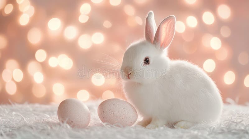 Small White Rabbit Playing with Pastel Easter Eggs, Soft Golden Light ...