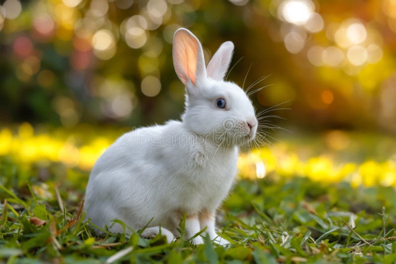 Rabbit Sitting Field Flowers Trees Background Stock Photos - Free ...