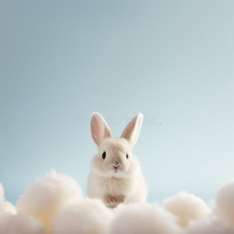 A Small White Rabbit is Sitting in a Pile of Cotton Balls, AI Stock ...