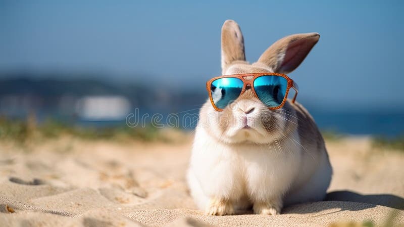Small White Rabbit Wearing Sunglasses and Standing on a Sandy Beach ...