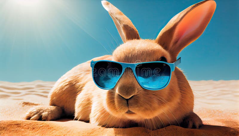 Small White Rabbit Wearing Sunglasses and Standing on a Sandy Beach ...