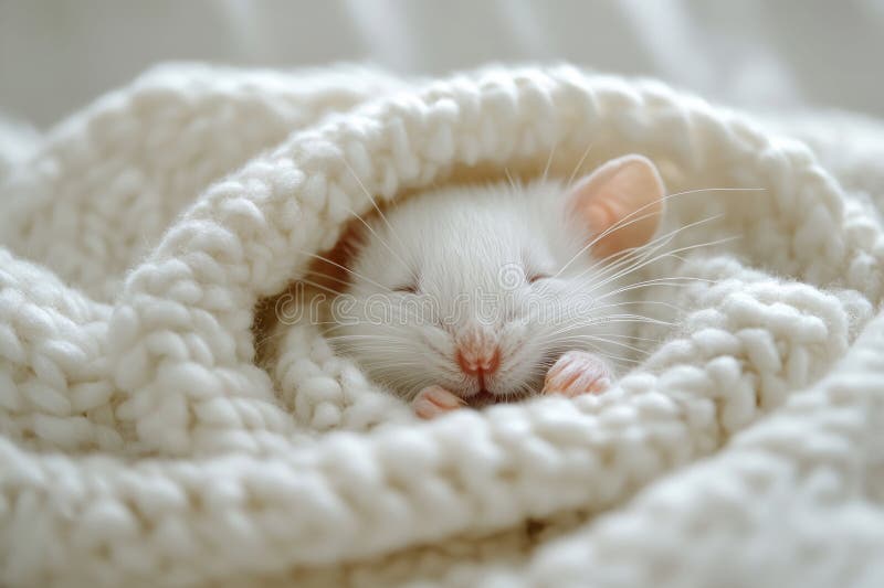 Small White Rat Sleeping Under a Warm White Knitted Blanket, Enjoying ...