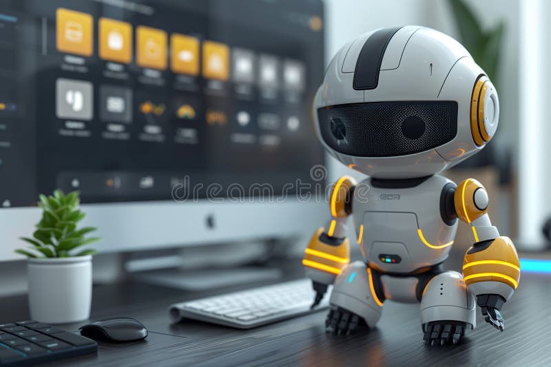White Robot Sitting on a Desk with a Computer Stock Image - Image of ...