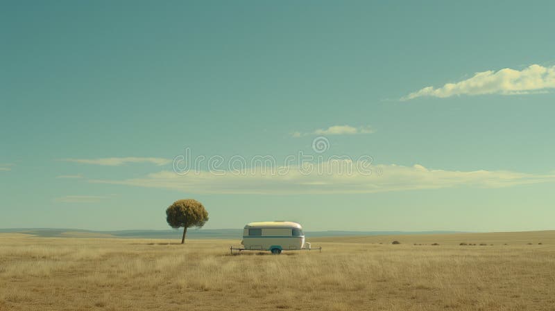 A Small White Trailer is Parked in a Field with a Lone Tree in the ...