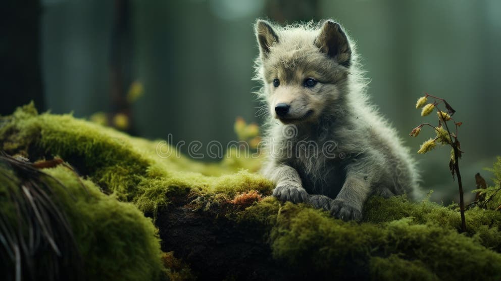 A Small White Wolf Sitting on Top of a Moss Covered Hill, AI Stock ...