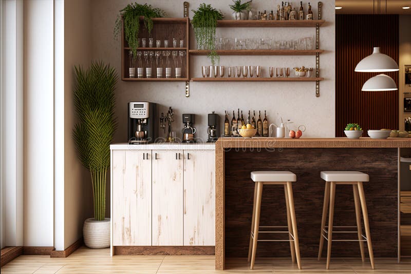 Small White and Wood Kitchen with Mini Bar. Generative AI Stock ...