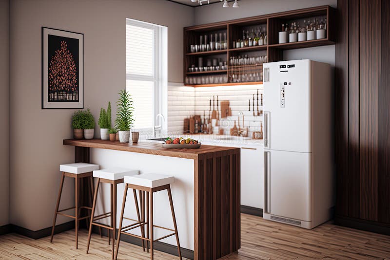 Small White and Wood Kitchen with Mini Bar. Generative AI Stock ...
