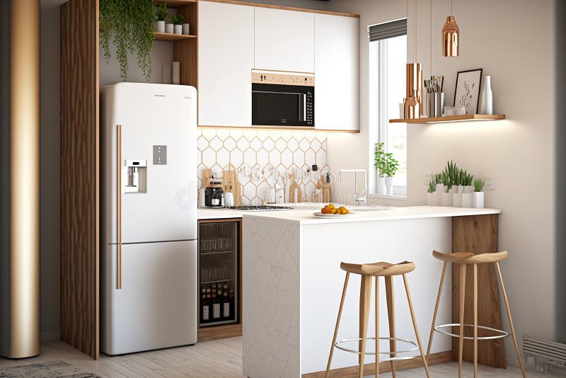 Small White and Wood Kitchen with Mini Bar. Generative AI Stock ...